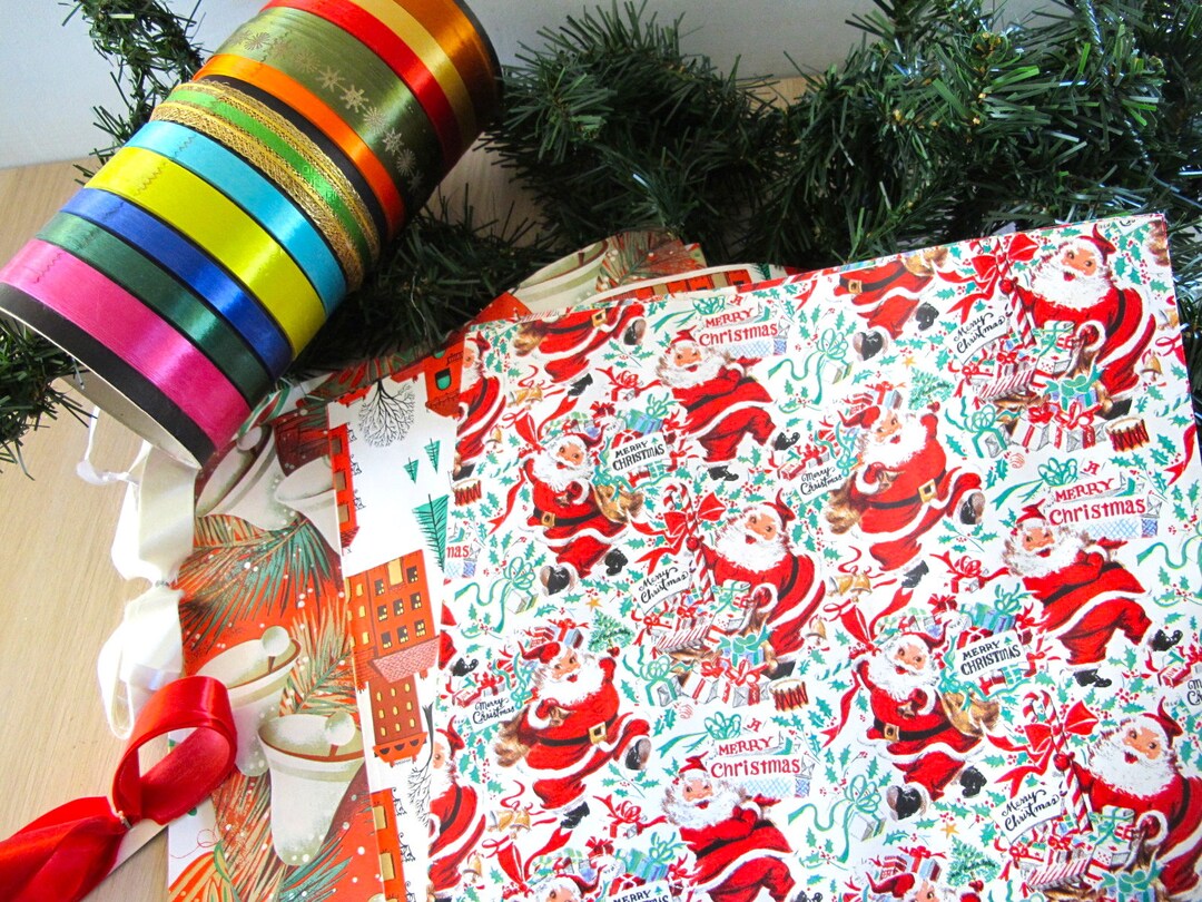 Vintage Christmas Gift Wrap Set 4 Sheets Designs With Ribbon - Etsy