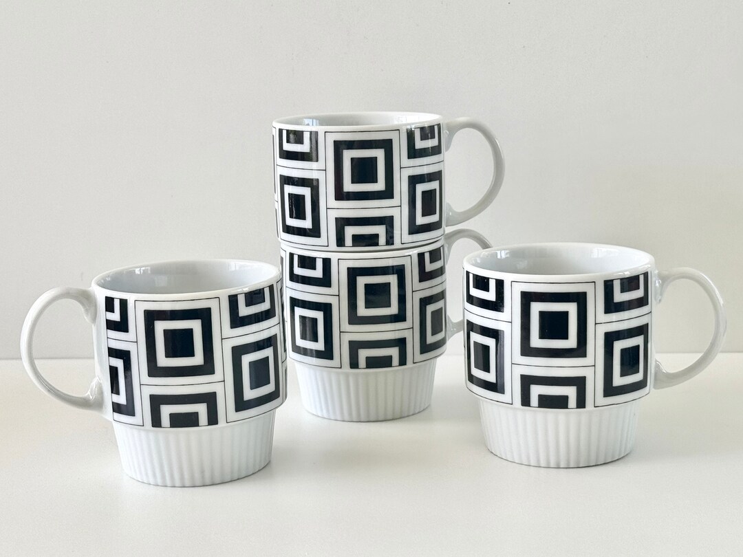 4 Vintage Mod Op Art Style Black and White Graphics Stackable Mugs - Etsy
