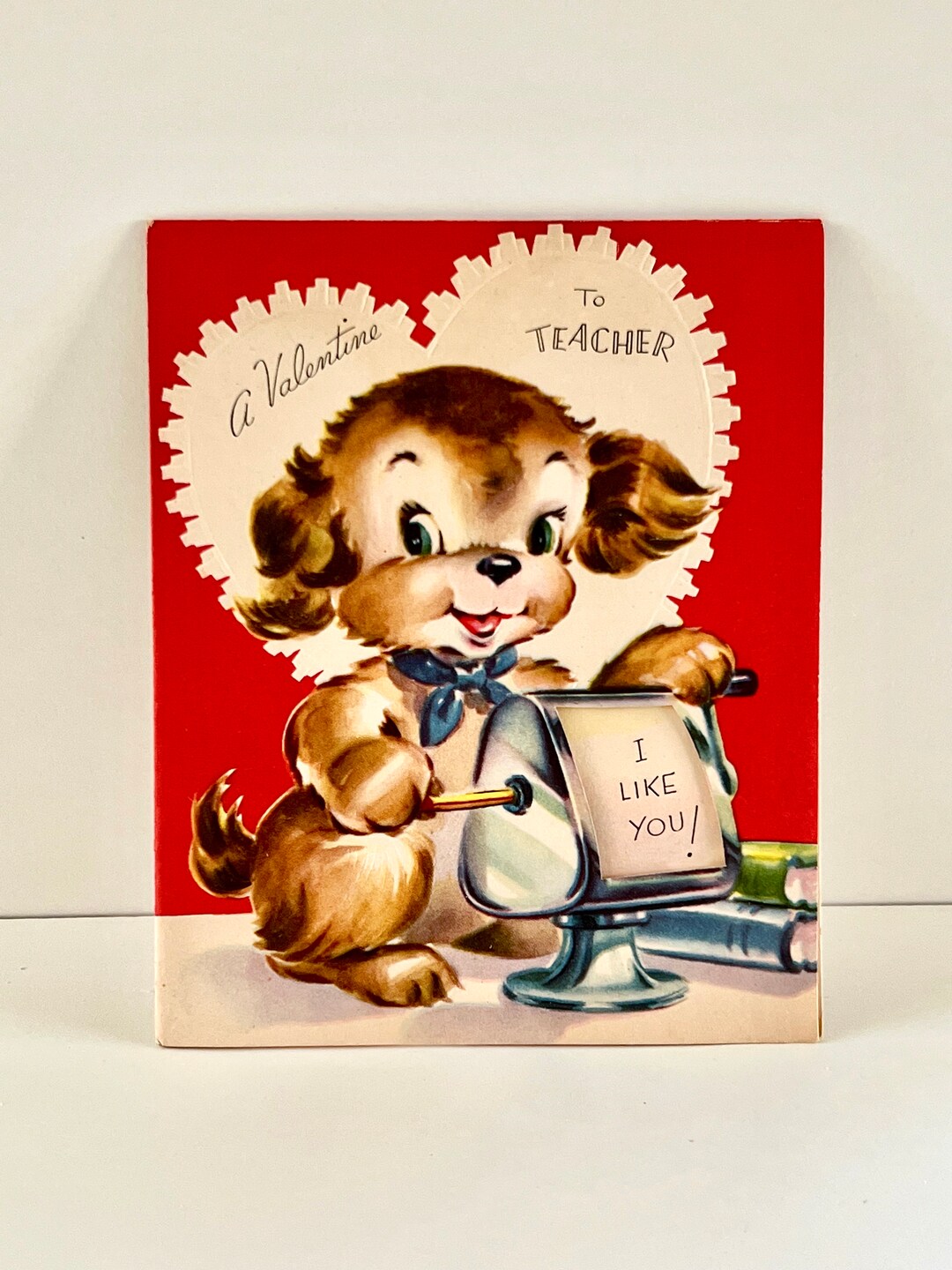 Vintage Valentine Card for Teacher Puppy Sharpening a Pencil - Etsy