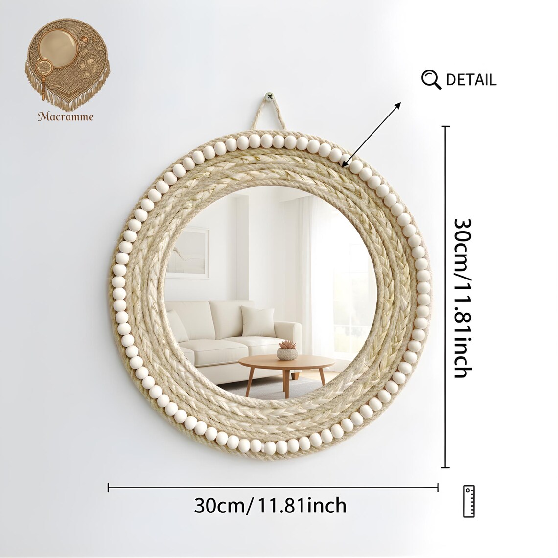 Round Macrame Wall Mirror Boho Decor Handmade Jute Rope Mirror Natural ...