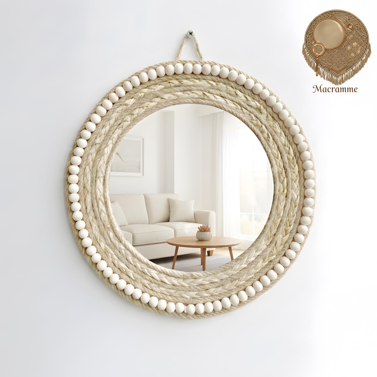 Round Macrame Wall Mirror Boho Decor Handmade Jute Rope Mirror Natural ...