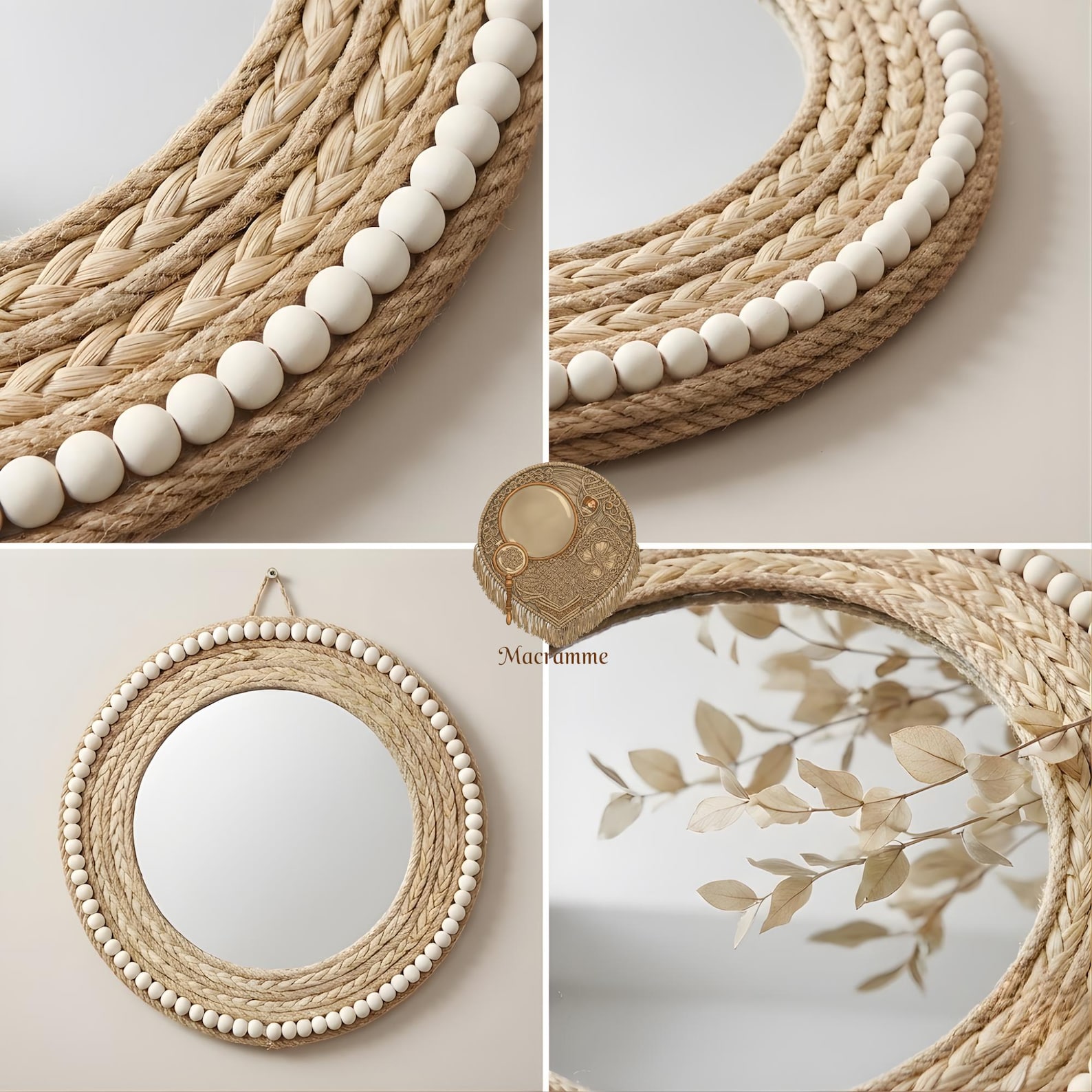 Round Macrame Wall Mirror Boho Decor Handmade Jute Rope Mirror Natural ...