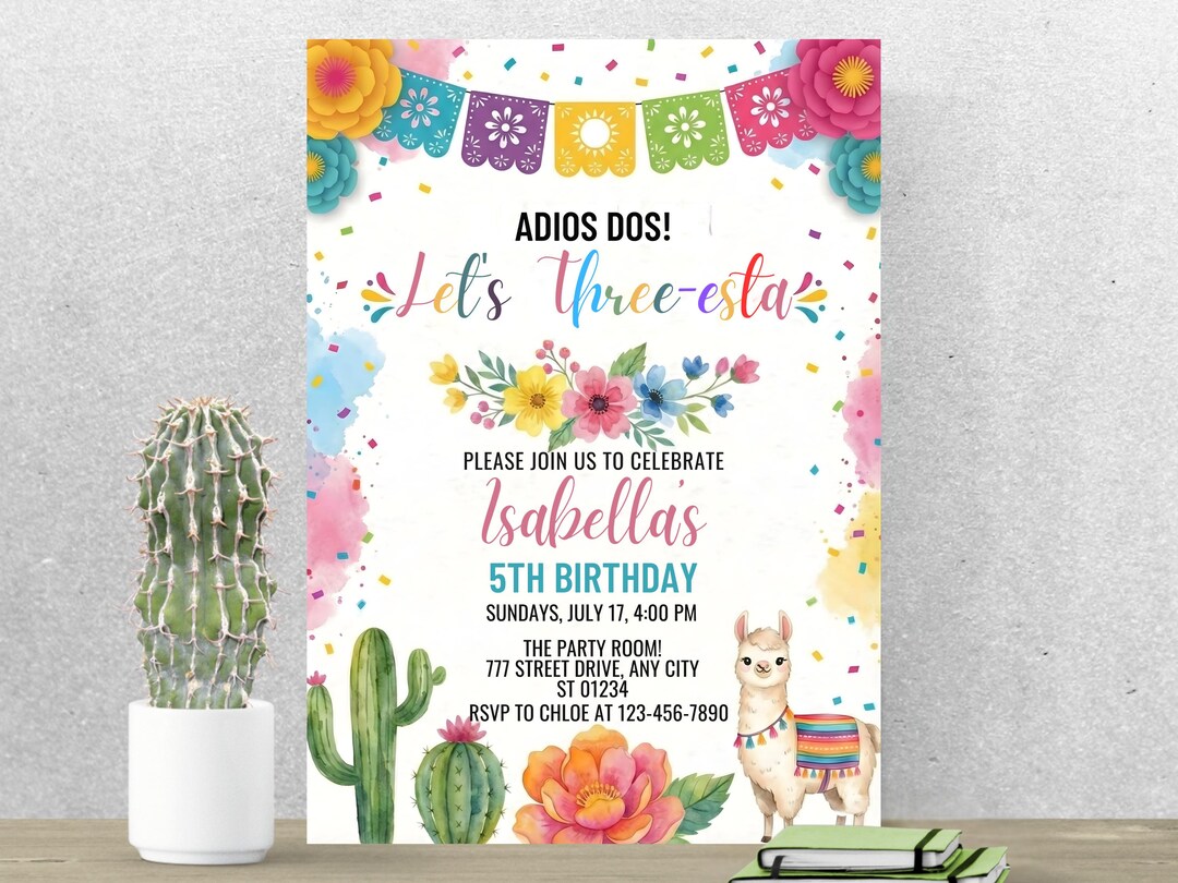 Adios Dos Birthday Invitation, Fiesta Third Birthday Party Invite ...