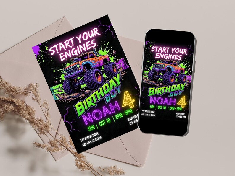 Start Your Engines Monster Truck Birthday Invitation, Neon Truck Party ...