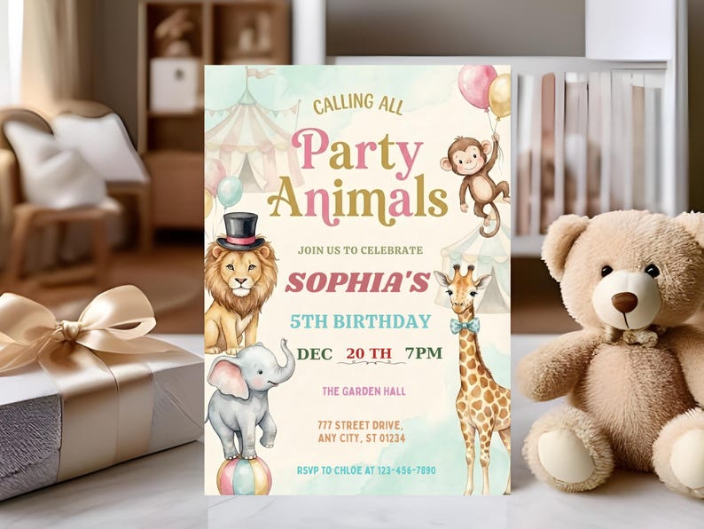 Circus Animals Birthday Invitation, Safari Carnival, Editable Canva ...