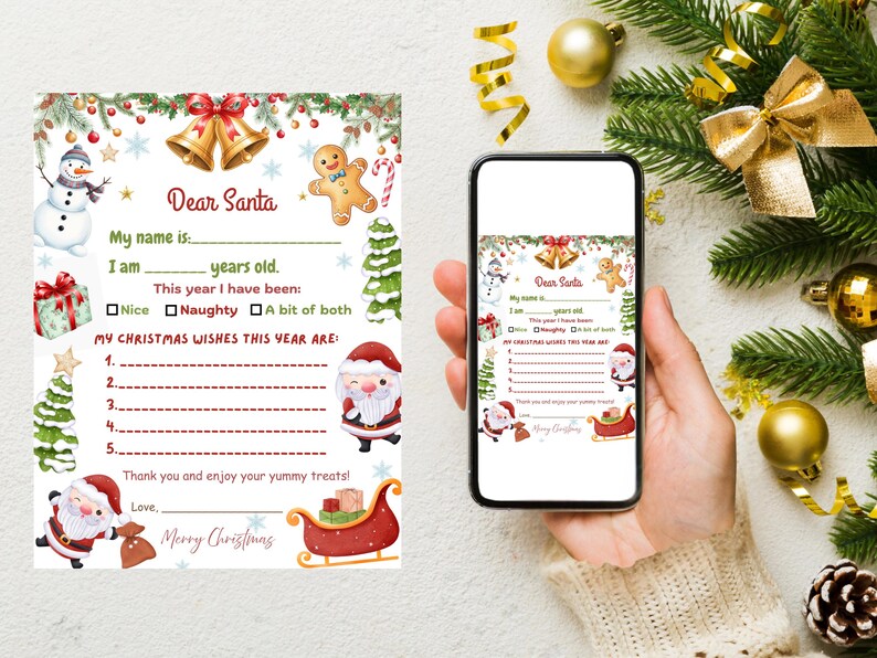 Dear Santa Letter Printable, Christmas Wish List for Kids, Holiday ...