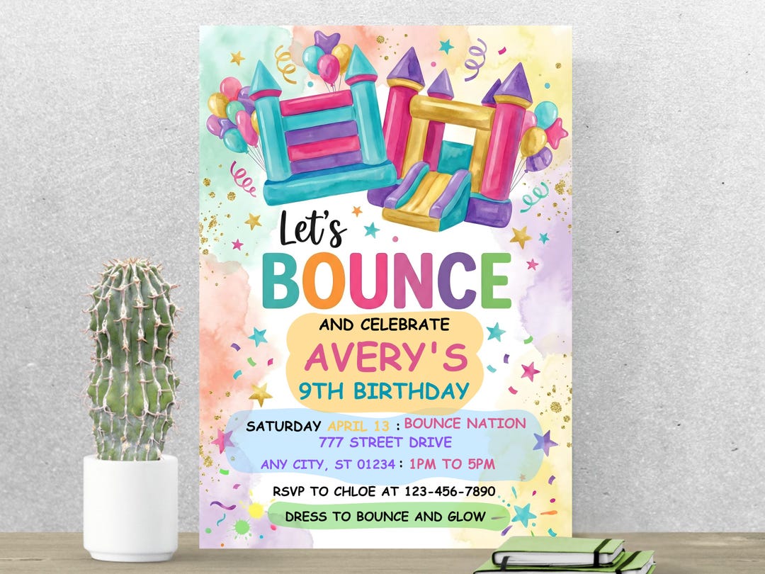 Let’s Bounce Birthday Invitation, Bounce House Party Invite, Editable ...