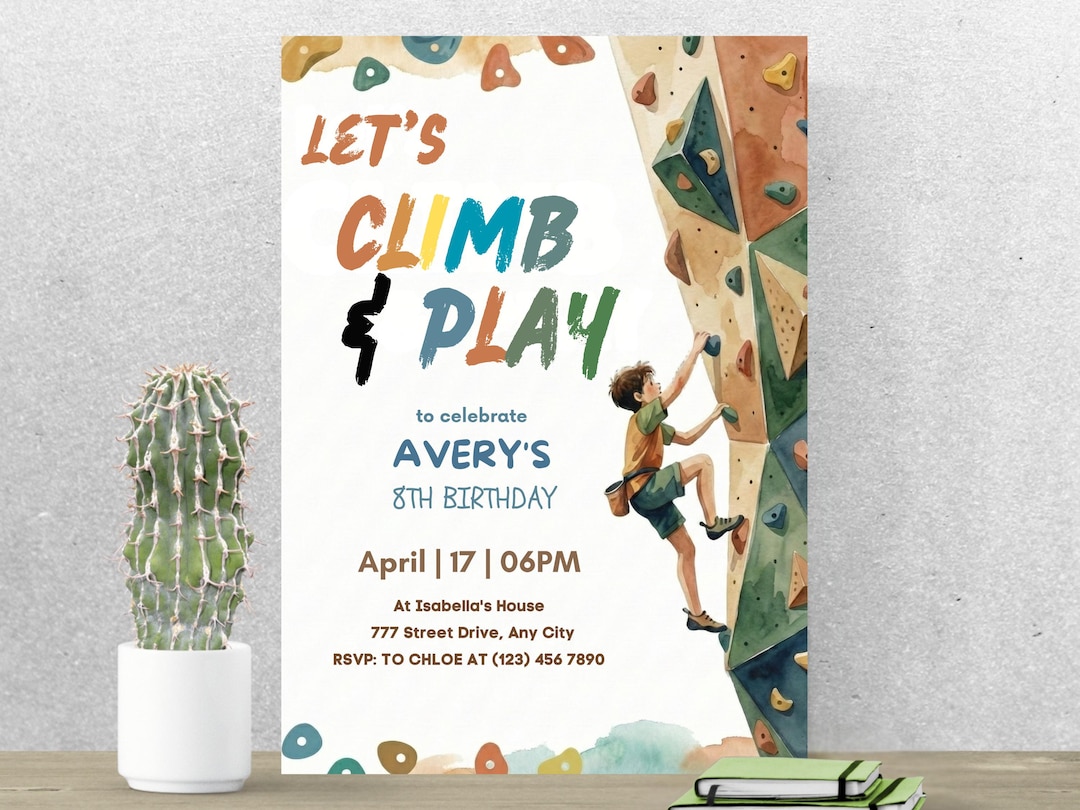 Climb and Play Birthday Invitation, Rock Climbing Party Invite ...