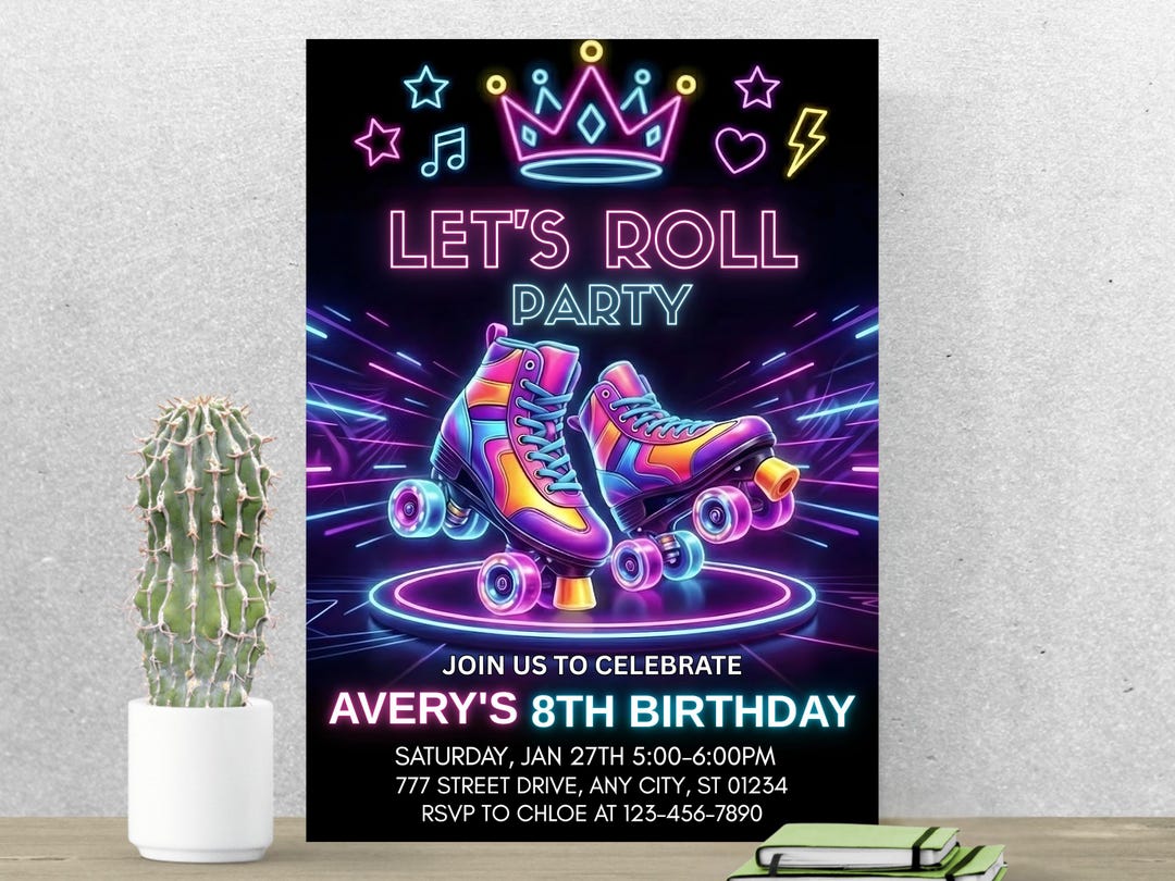 Lets Roll Roller Skate Birthday Invitation, Neon Skate Party Invite ...