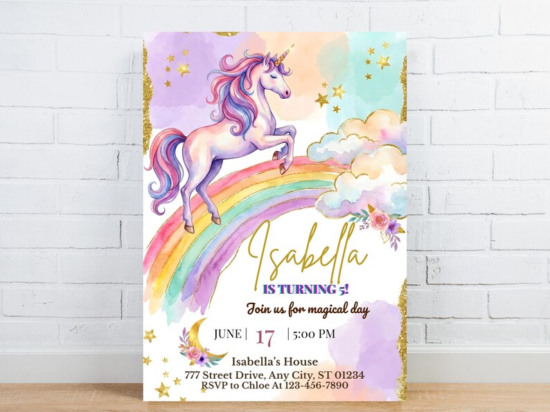 Is Turning Five Unicorn Birthday Invitation, Pastel Rainbow Unicorn ...
