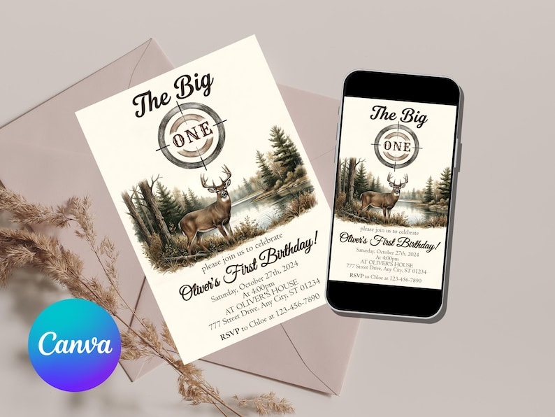 Editable the Big One First Birthday Invitation, Hunting Theme Birthday ...