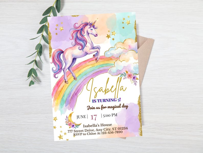 Turning Five Unicorn Birthday Invitation, Editable Any Age, Pastel ...