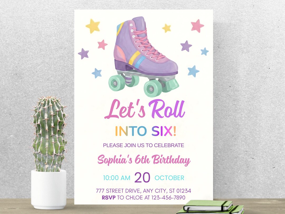 Let’s Roll Into Six Roller Skating Birthday Invitation, Pastel Skate ...