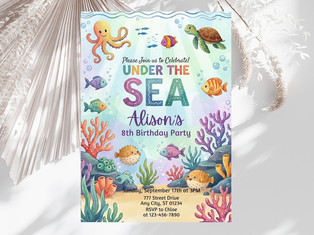 Under the Sea Birthday Invitation, Watercolor Ocean Party Invite ...