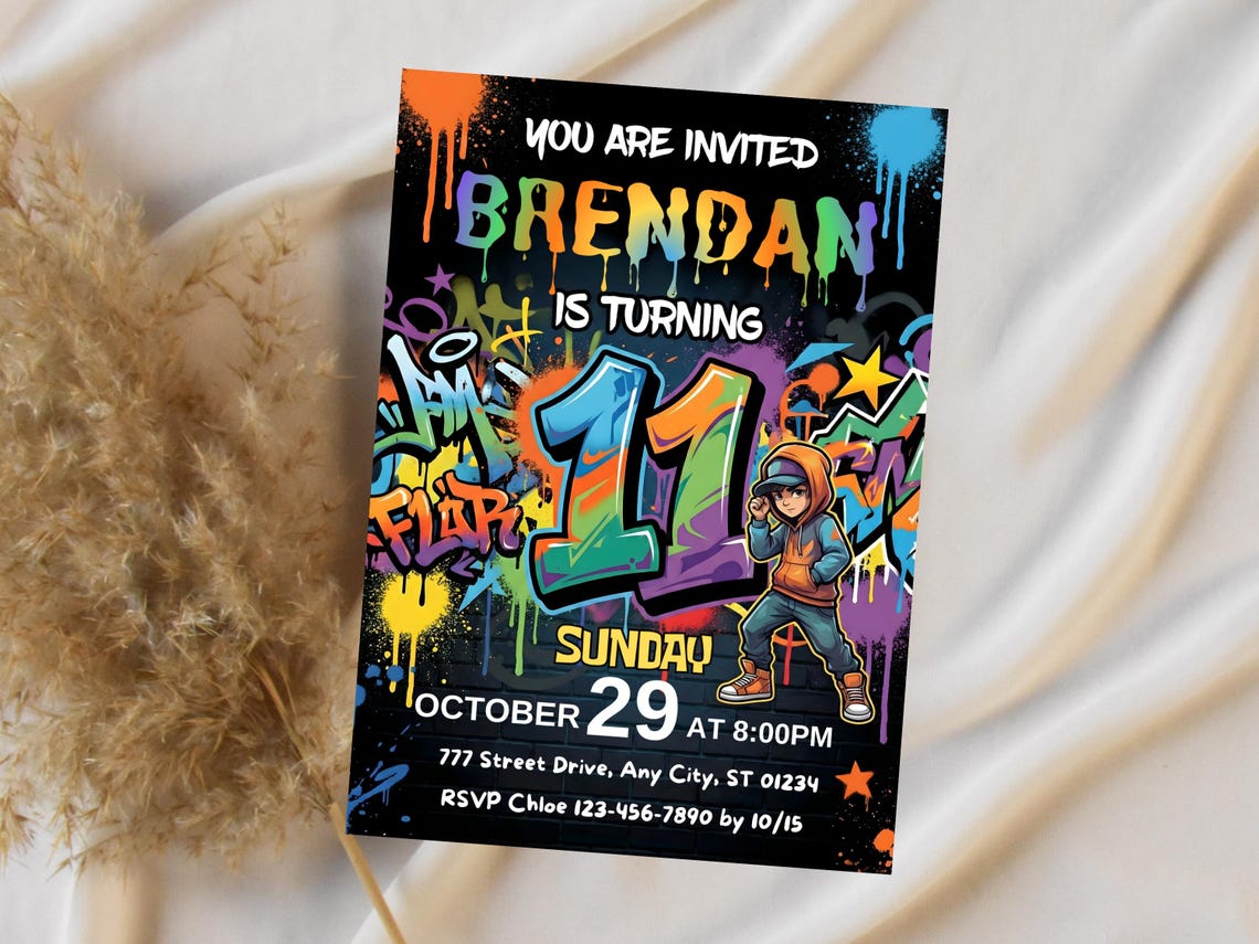 Graffiti Birthday Invitation, Custom Age and Skin Tone, Hip Hop Party ...