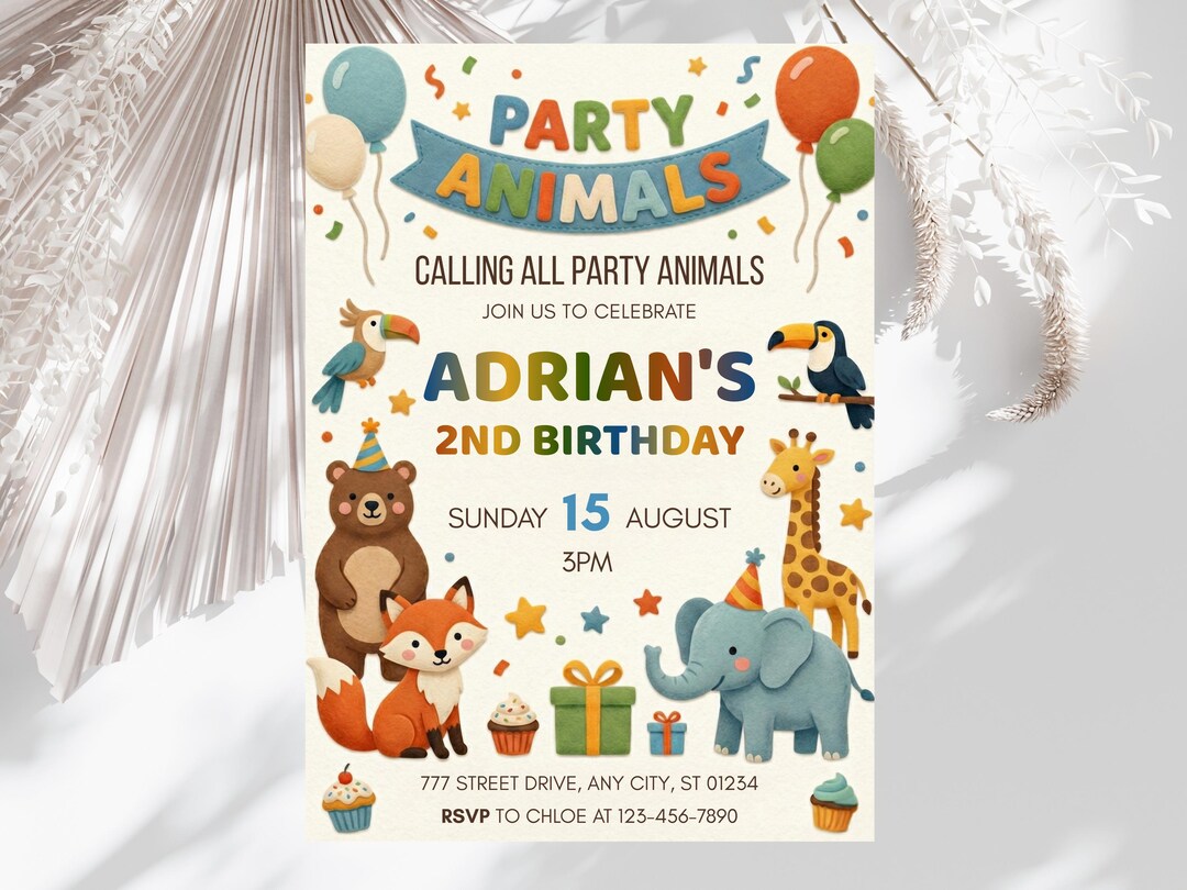 Editable Felt Look Party Animals Birthday Invitation, Any Age Cute ...