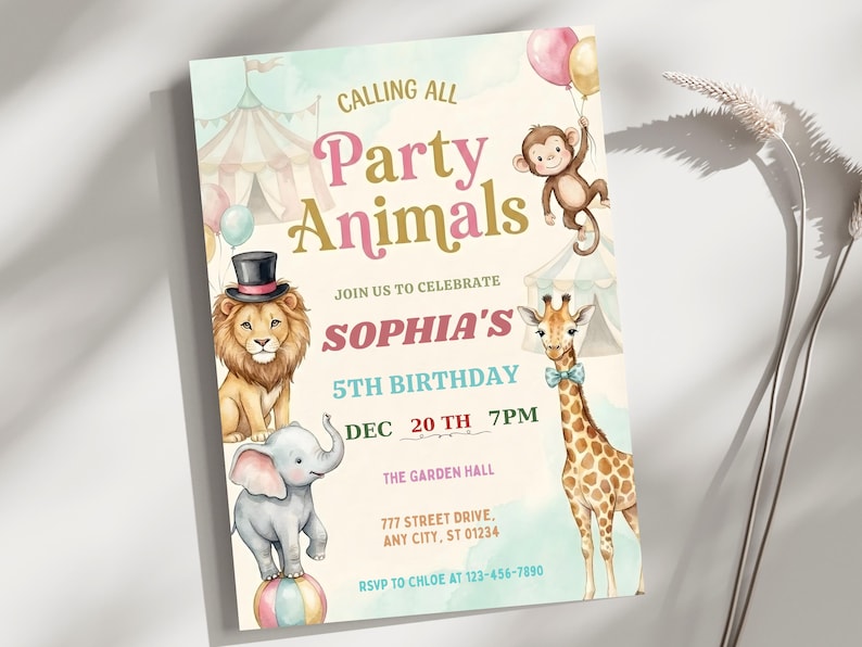 Circus Animals Birthday Invitation, Safari Carnival, Editable Canva ...