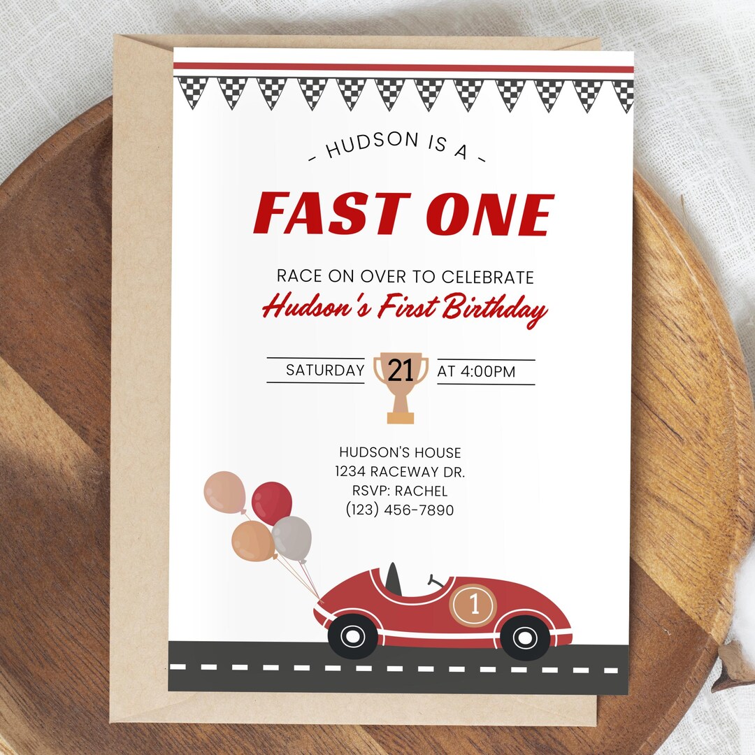 Fast One Birthday Invitation Red Race Car Birthday Invite Boy 1st ...