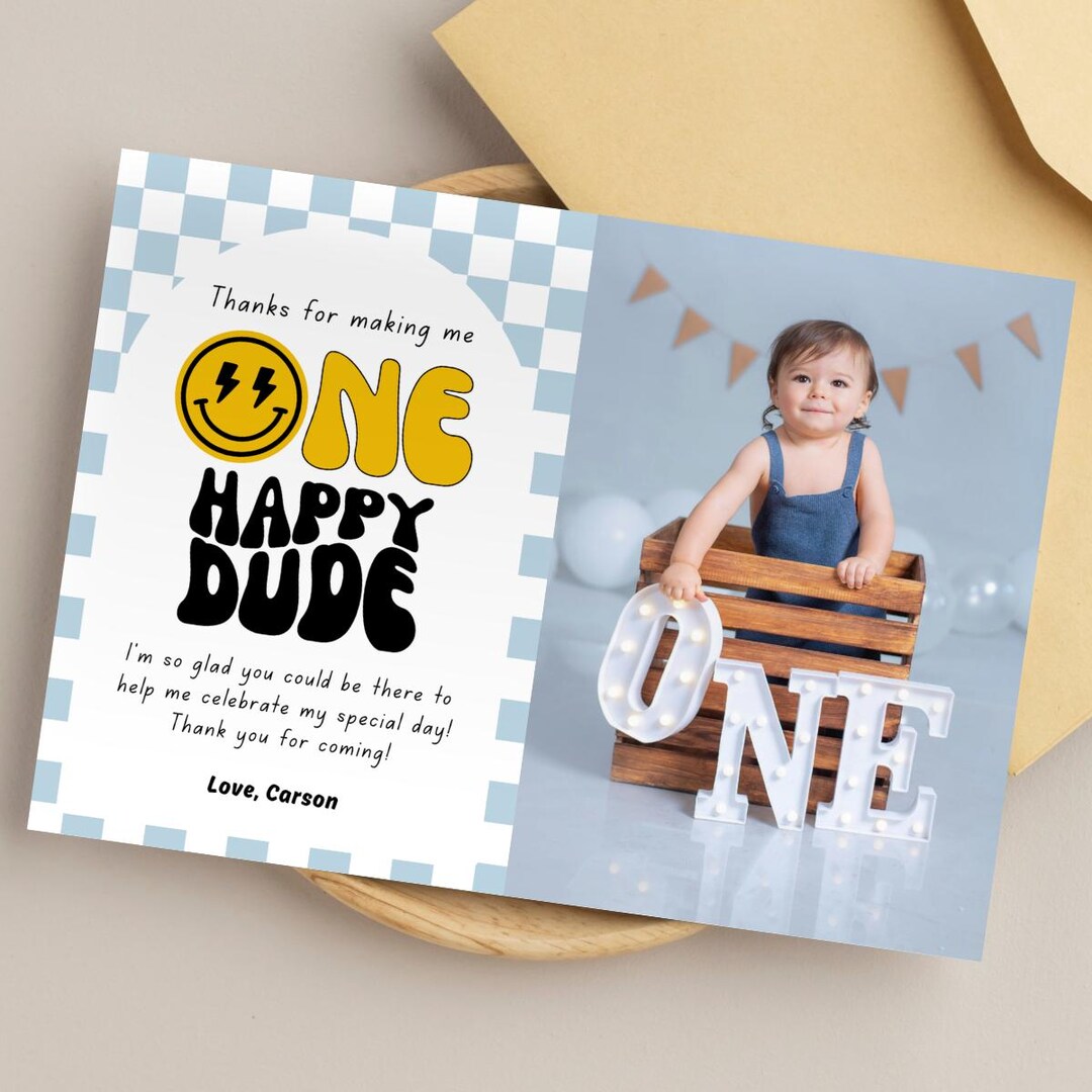 One Happy Dude Birthday Thank You Card Editable 1st Birthday Boy ...