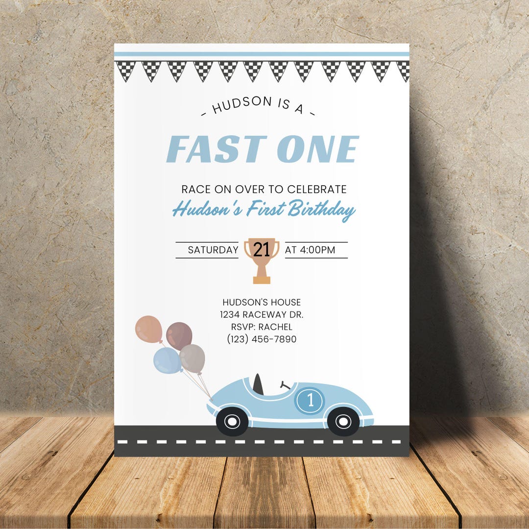 Fast One Birthday Invitation Boy 1st Birthday Blue Race Car Birthday ...