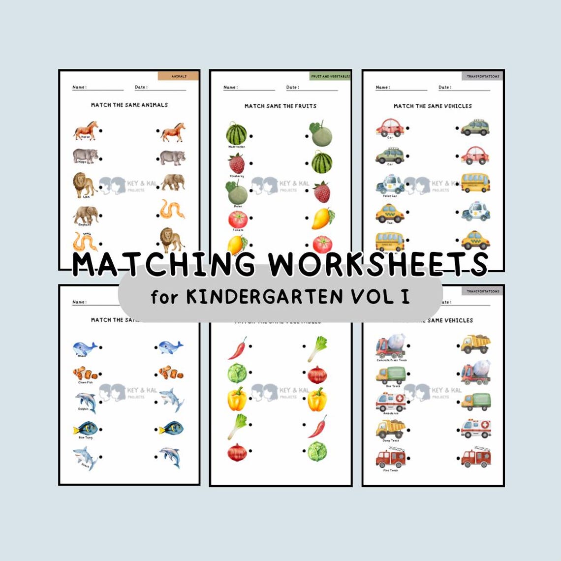 Kindergarten Matching Worksheet Vol. 1 | Printable Learning Game (PDF ...