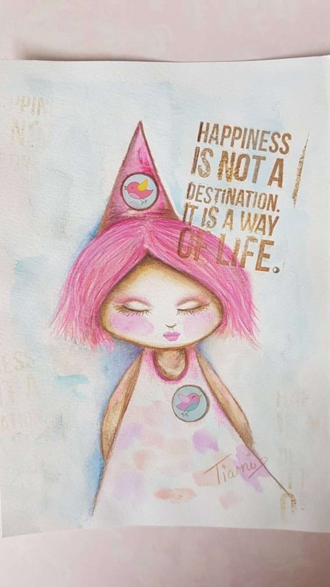 Original Mixed Media Whimsy Girl. Pink Whimsical Girl. Happiness is Not ...