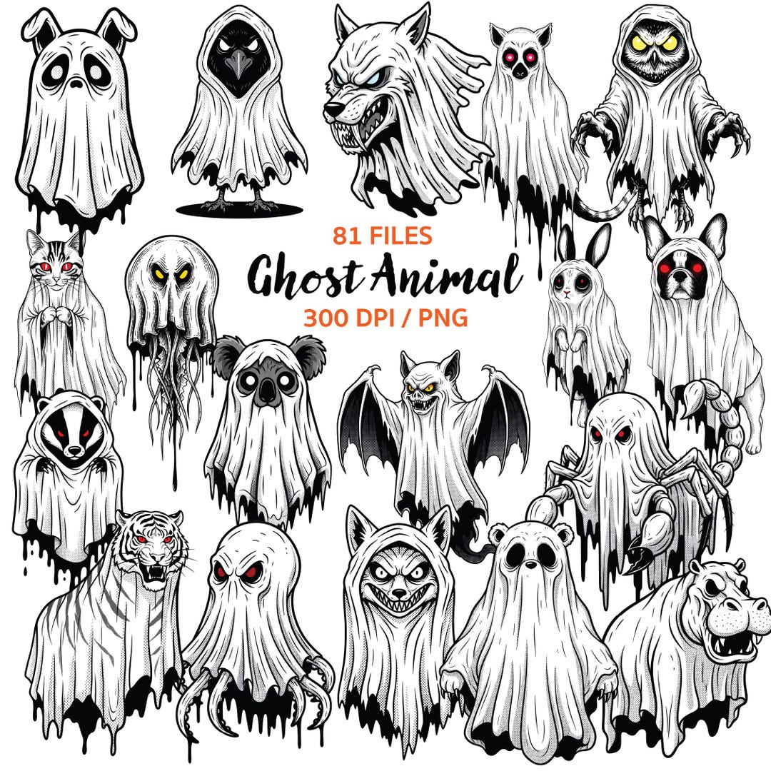 Ghost Animal Clipart, Horror Halloween Creature PNG Bundle for Dark ...