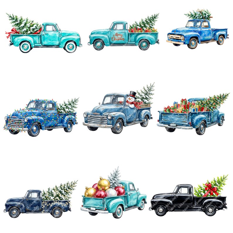Vintage Christmas Truck Clipart Set, Watercolor Holiday Pickup PNG ...
