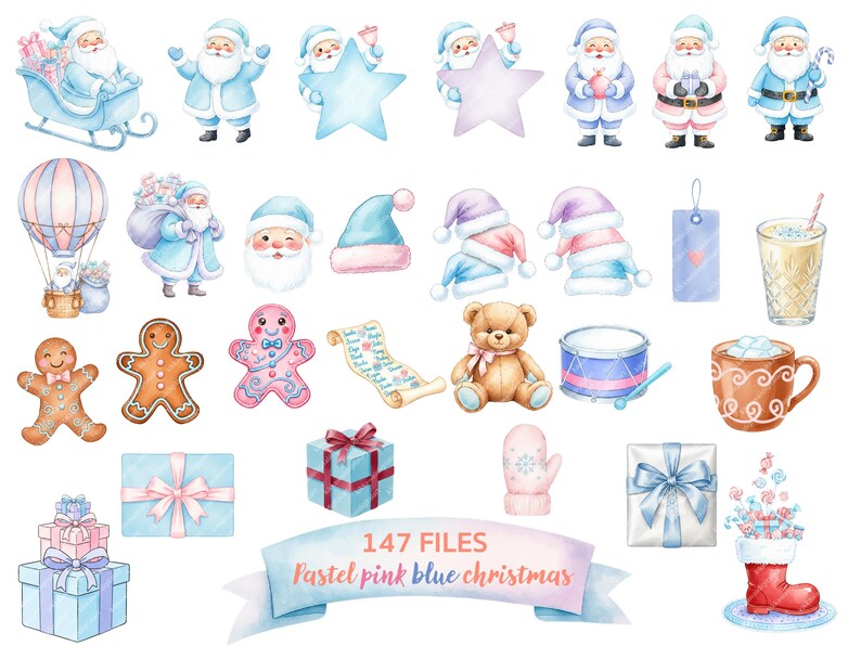 Pastel Pink Blue Christmas Clipart, Watercolor Fairy and Santa PNG ...