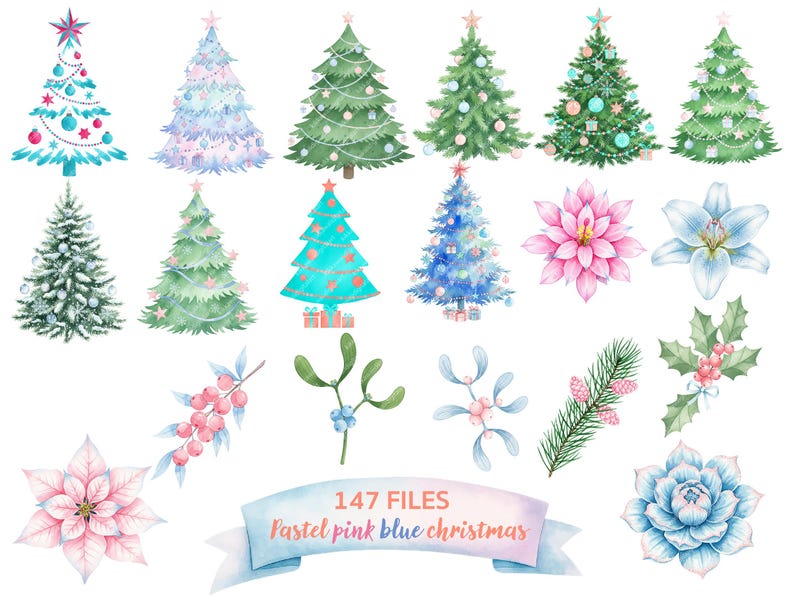 Pastel Pink Blue Christmas Clipart, Watercolor Fairy and Santa PNG ...