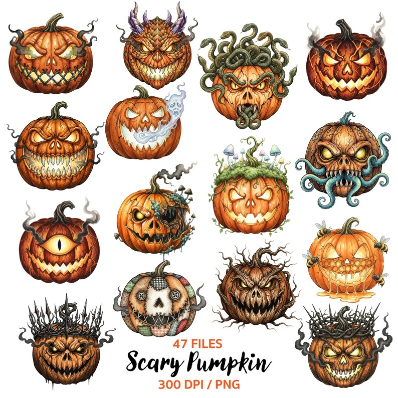 Scary Pumpkin Clipart, Creepy Halloween Jack O Lantern PNG Bundle for ...
