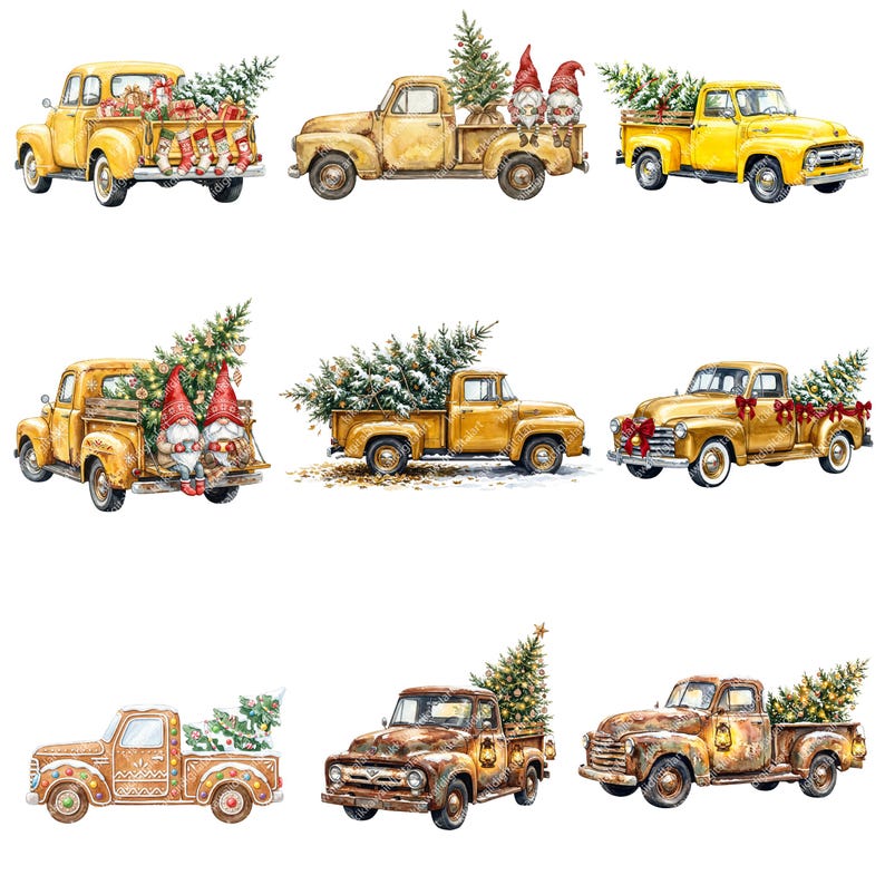 Vintage Christmas Truck Clipart Set, Watercolor Holiday Pickup PNG ...