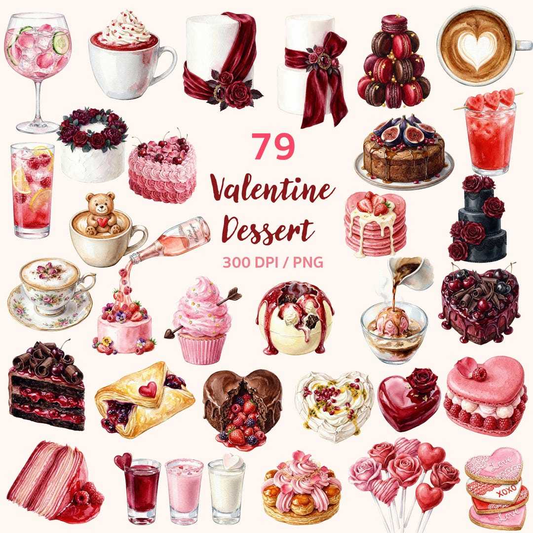 Valentine Dessert Watercolor Clipart, Cakes Chocolate Candy Drinks ...