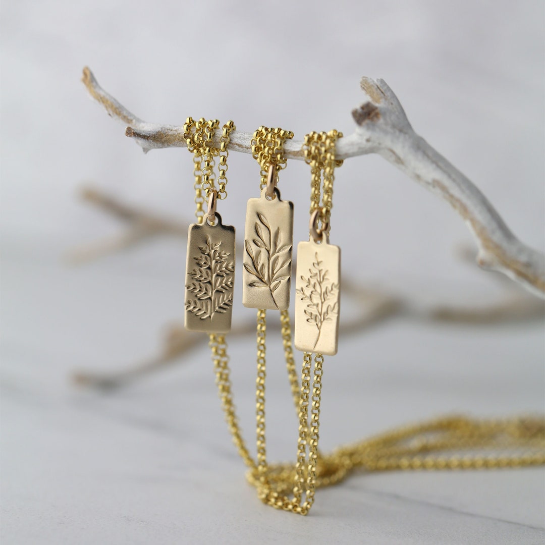 Hand Stamped Botanical Necklace in Gold Filled • Plant Leaves ...