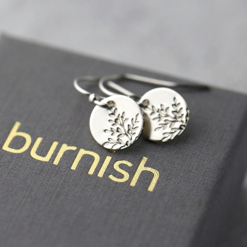 Tiny Hand Stamped Wildflower Silver Earrings • Dainty Minimalist Nature Dangle Disc Leaf ...