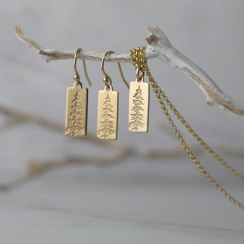 Evergreen Tree Earrings and Necklace in Gold Filled • Hand Stamped ...