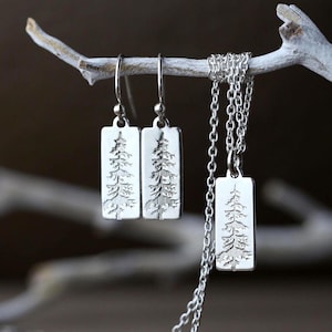 Evergreen Tree Earrings and Necklace in Sterling Silver • Hand Stamped ...