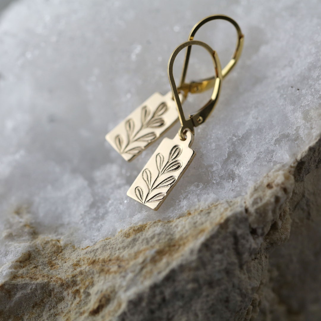 Dainty Stamped Leaf Gold Lever-back Earrings Tiny Gold Filled Earrings Dangle Women's Minimalist ...