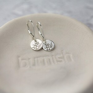 Tiny Hand Stamped Wildflower Silver Earrings • Dainty Minimalist Nature Dangle Disc Leaf ...