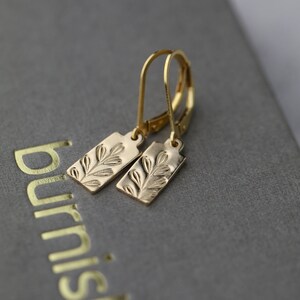 Dainty Stamped Leaf Gold Lever-back Earrings Tiny Gold Filled Earrings Dangle Women's Minimalist ...