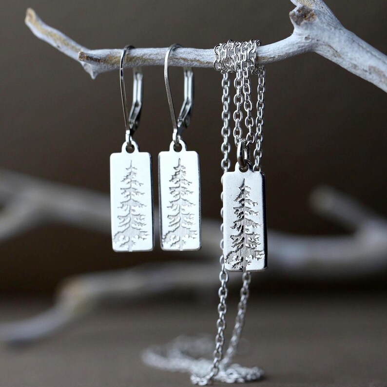Evergreen Tree Earrings and Necklace in Sterling Silver • Hand Stamped ...