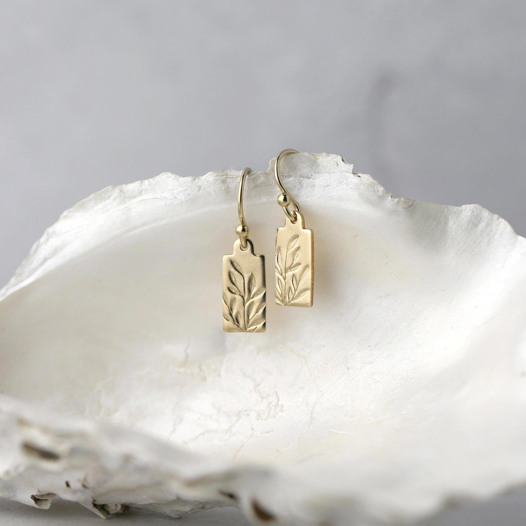 Tiny Hand Stamped Gold Leaf Earrings • Gold Filled Minimalist Earrings Dangle • Handmade Jewelry ...