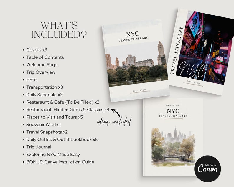 NYC Travel Itinerary Template | Watercolor Travel Planner | Modern ...
