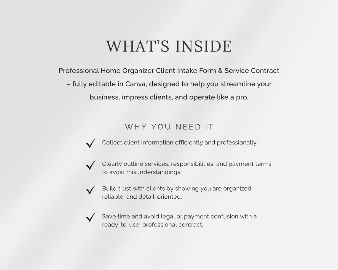 Home Organizer Business Forms Bundle, Client Intake, Contract (canva ...