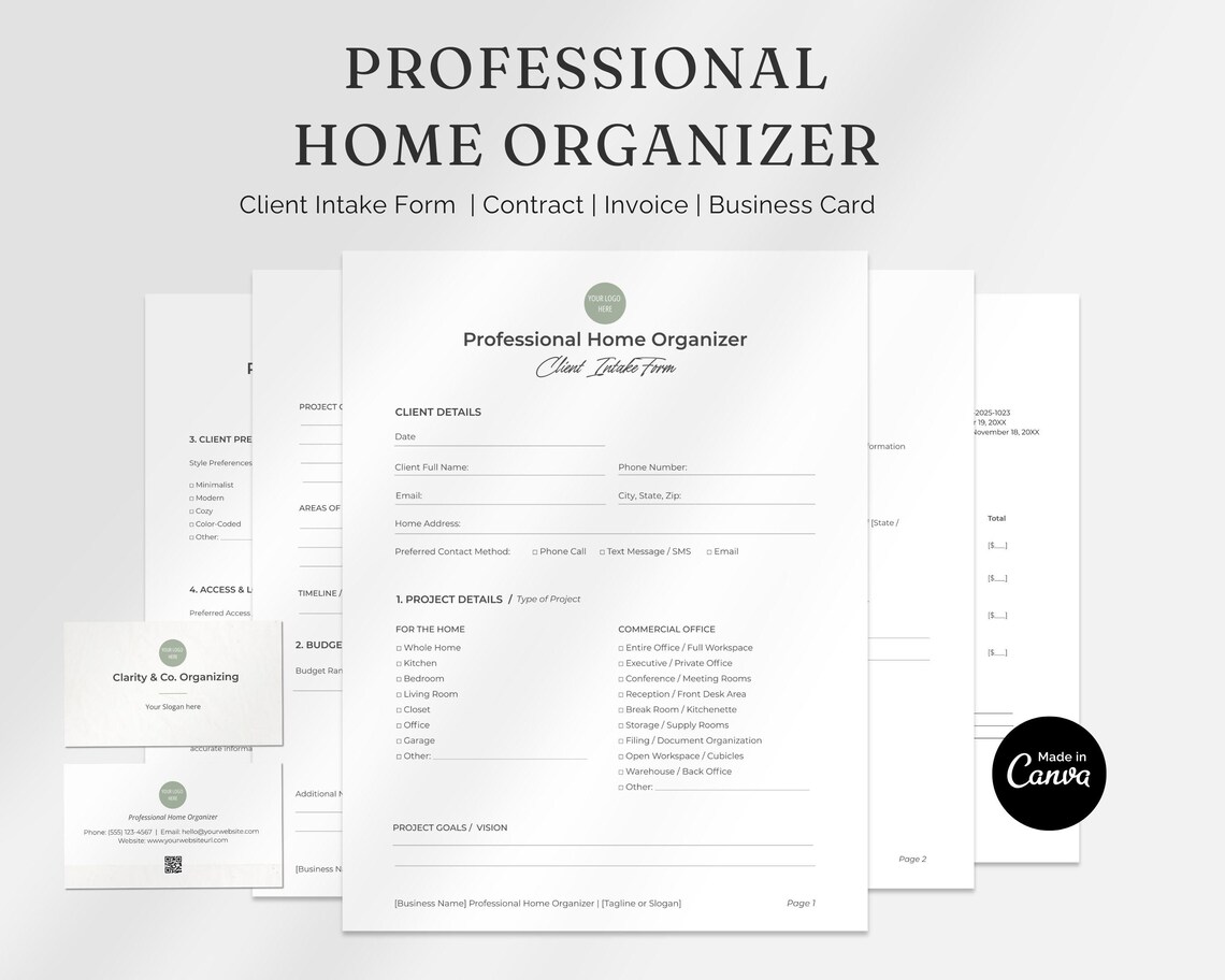 Home Organizer Business Forms Bundle, Client Intake, Contract (canva ...