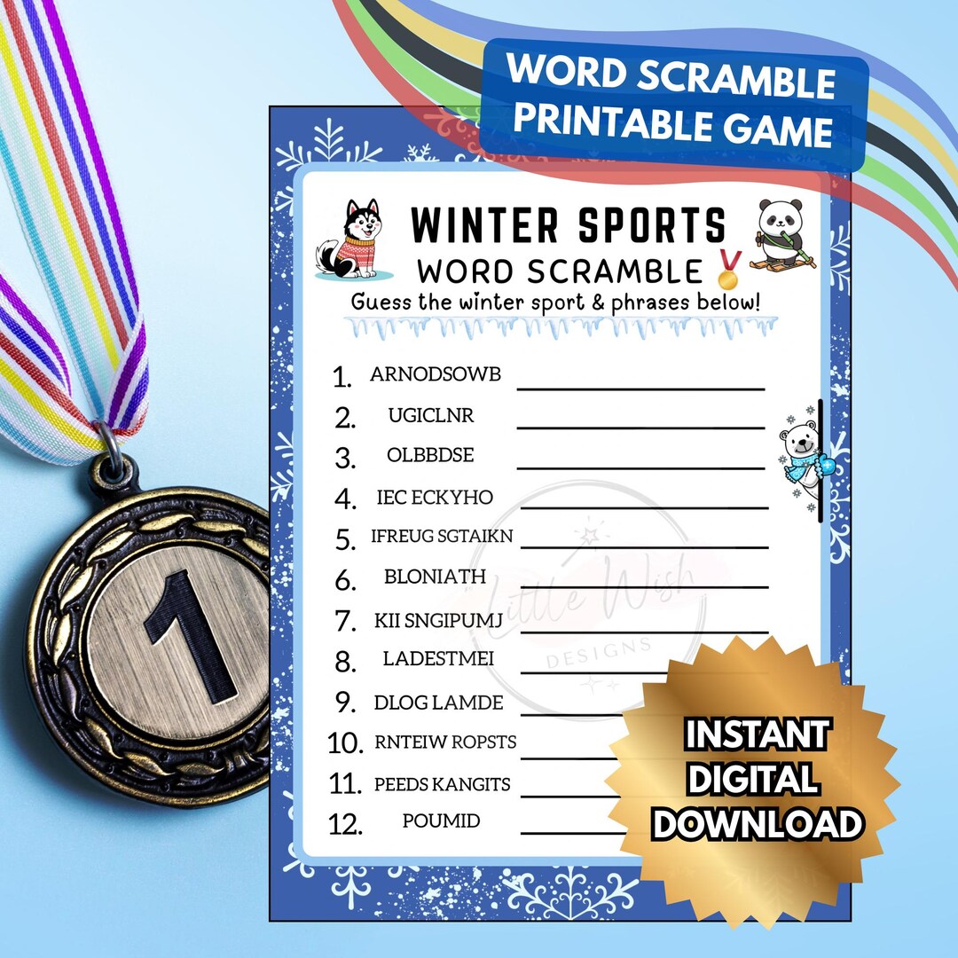 Winter Sports Word Scramble Printable Game, Sport Party, Snow Day ...
