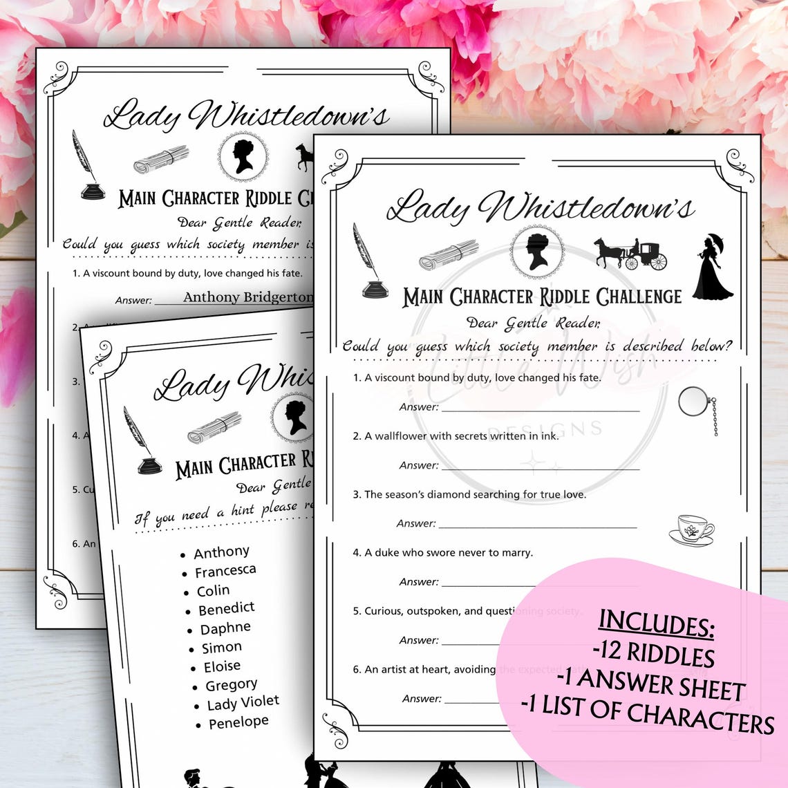 Lady Whistledown Character Riddles Game, Bridgerton Inspired, Bridal ...