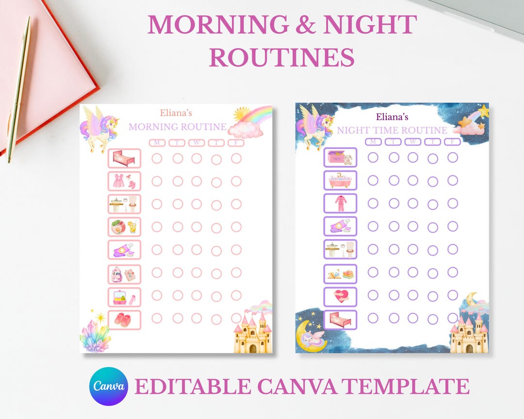 Unicorn Routine Chart • Kids Editable Morning & Night Schedule (canva ...