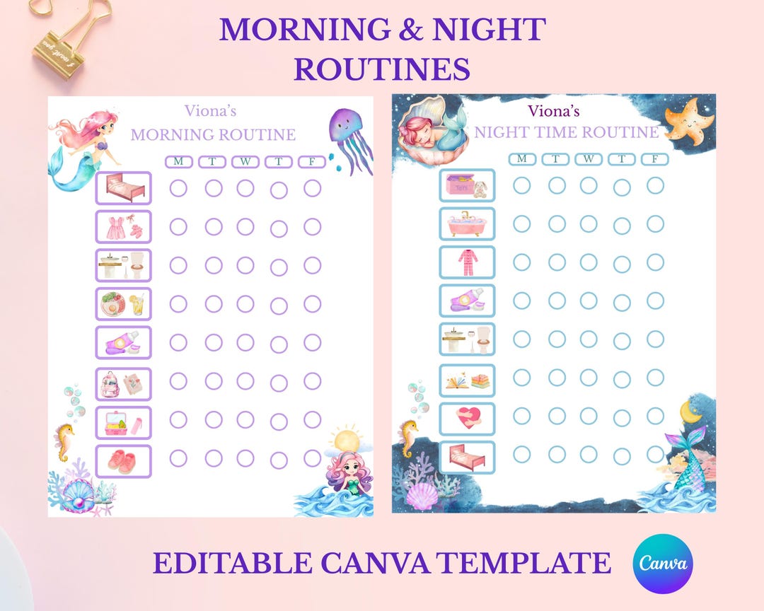 Mermaid Routine Chart | Kids Morning & Night, Editable Canva Template ...