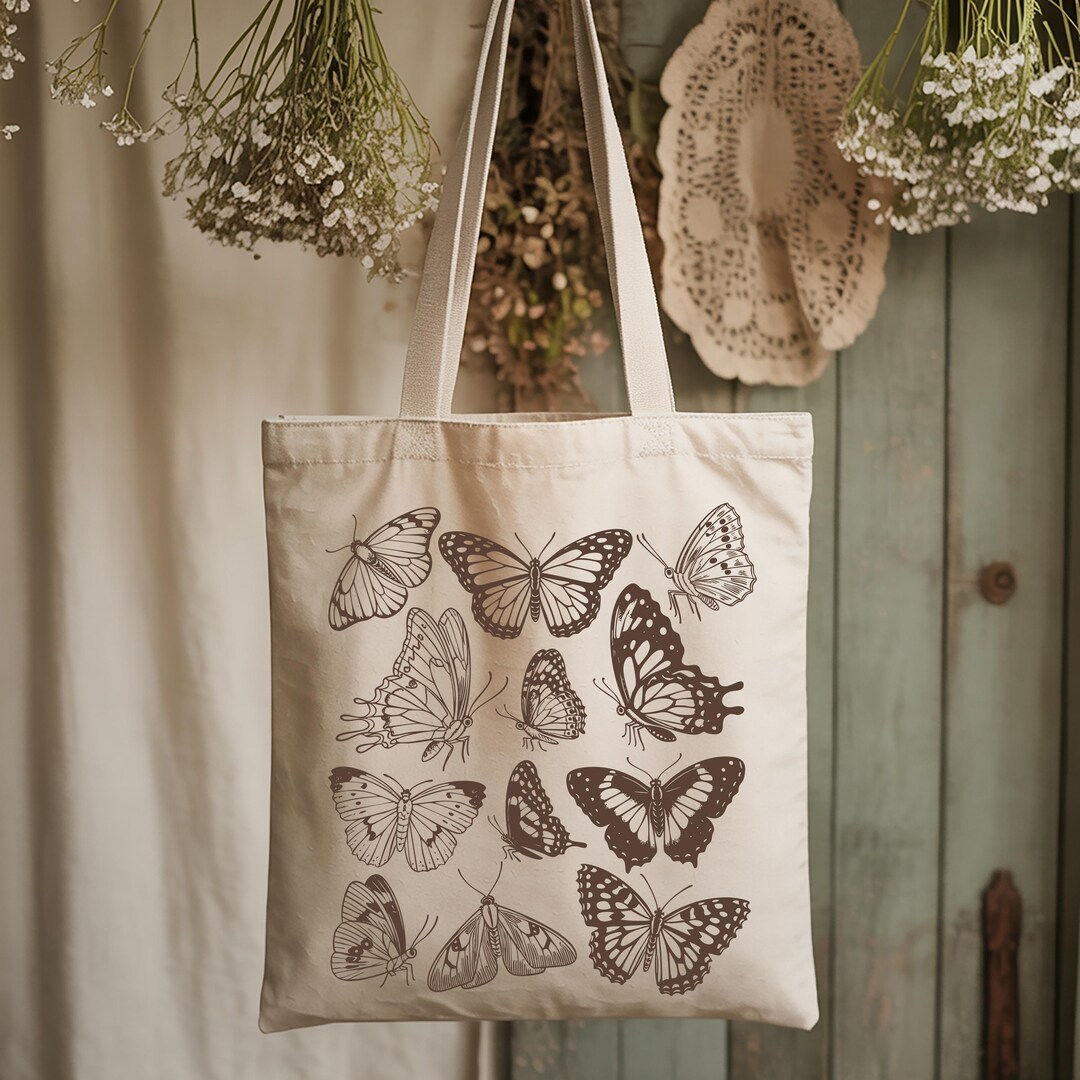 Vintage Cottagecore Butterfly Tote Bag: Handrawing Style, Handmade ...